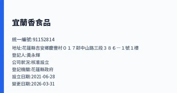 宜蘭香食品的照片-統編 91152814(花蓮縣) 公司登記資料與營業項目詳細圖表