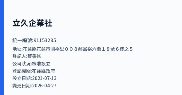 立久企業社的照片-統編 91153285(花蓮縣) 公司登記資料與營業項目詳細圖表