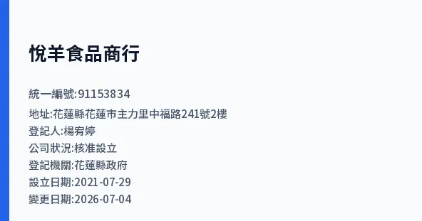 悅羊食品商行的照片-統編 91153834(花蓮縣) 公司登記資料與營業項目詳細圖表