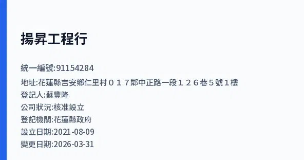 揚昇工程行的照片-統編 91154284(花蓮縣) 公司登記資料與營業項目詳細圖表