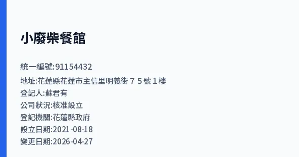 小廢柴餐館的照片-統編 91154432(花蓮縣) 公司登記資料與營業項目詳細圖表