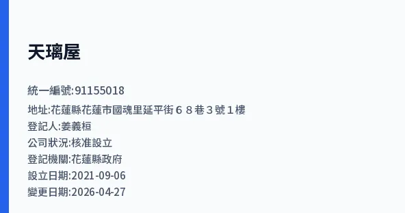 天璃屋的照片-統編 91155018(花蓮縣) 公司登記資料與營業項目詳細圖表