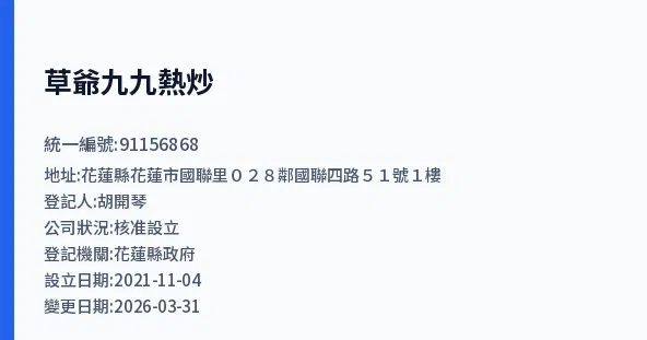 草爺九九熱炒的照片-統編 91156868(花蓮縣) 公司登記資料與營業項目詳細圖表