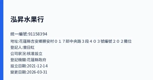 泓昇水果行的照片-統編 91158394(花蓮縣) 公司登記資料與營業項目詳細圖表
