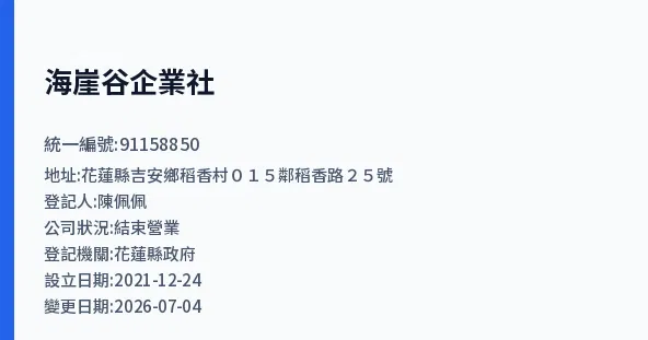 海崖谷企業社的照片-統編 91158850(花蓮縣) 公司登記資料與營業項目詳細圖表