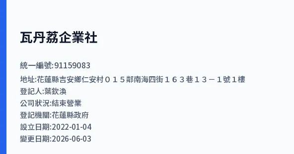 瓦丹荔企業社的照片-統編 91159083(花蓮縣) 公司登記資料與營業項目詳細圖表