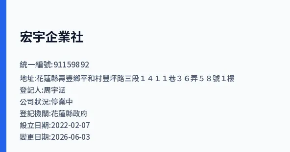 宏宇企業社的照片-統編 91159892(花蓮縣) 公司登記資料與營業項目詳細圖表