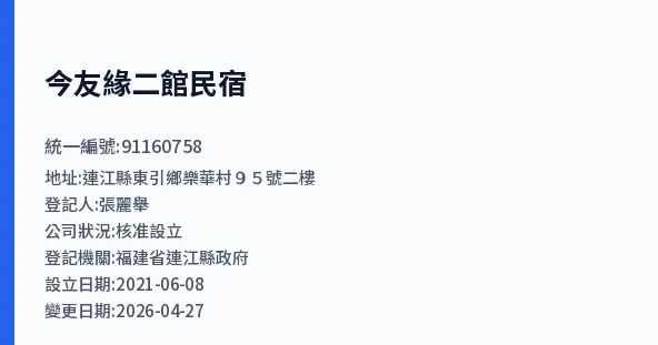 今友緣二館民宿的照片-統編 91160758(連江縣) 公司登記資料與營業項目詳細圖表