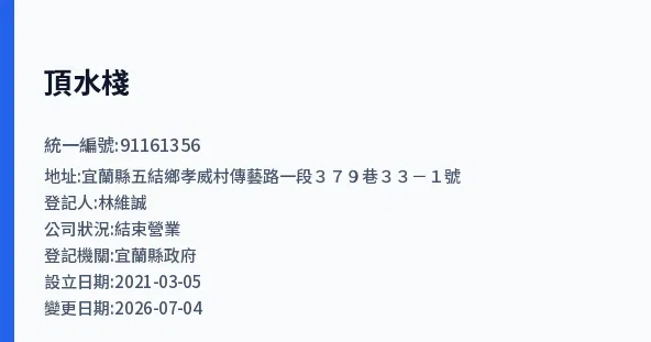 頂水棧的照片-統編 91161356(宜蘭縣) 公司登記資料與營業項目詳細圖表