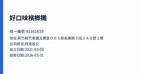 好口味檳榔攤的照片-統編 91161659(新竹縣) 公司登記資料與營業項目詳細圖表