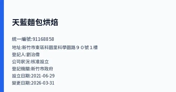 天藍麵包烘焙的照片-統編 91168858(新竹市) 公司登記資料與營業項目詳細圖表