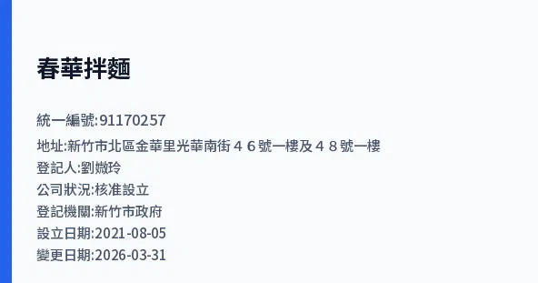 春華拌麵的照片-統編 91170257(新竹市) 公司登記資料與營業項目詳細圖表