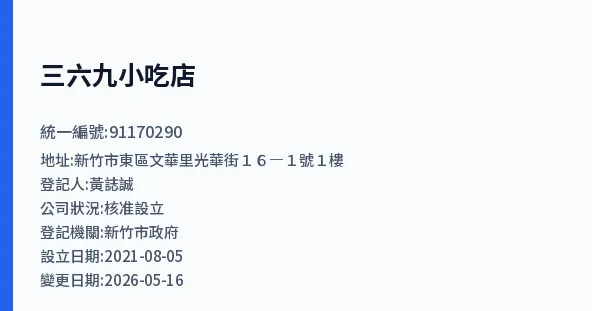 三六九小吃店的照片-統編 91170290(新竹市) 公司登記資料與營業項目詳細圖表