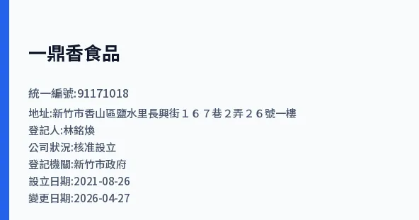 一鼎香食品的照片-統編 91171018(新竹市) 公司登記資料與營業項目詳細圖表