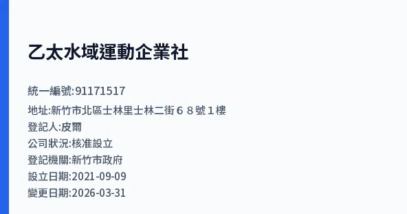 乙太水域運動企業社的照片-統編 91171517(新竹市) 公司登記資料與營業項目詳細圖表