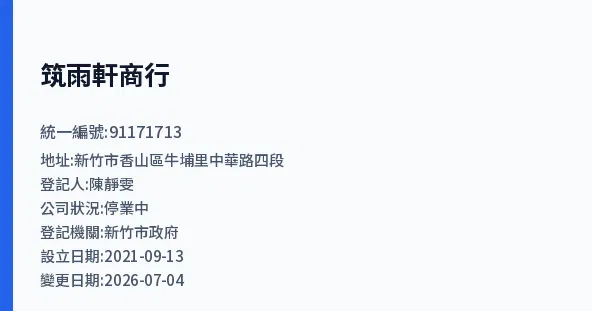 筑雨軒商行的照片-統編 91171713(新竹市) 公司登記資料與營業項目詳細圖表