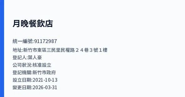 月晚餐飲店的照片-統編 91172987(新竹市) 公司登記資料與營業項目詳細圖表