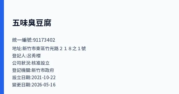 五味臭豆腐的照片-統編 91173402(新竹市) 公司登記資料與營業項目詳細圖表