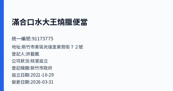 滿合口水大王燒臘便當的照片-統編 91173775(新竹市) 公司登記資料與營業項目詳細圖表