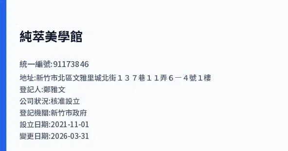 純萃美學館的照片-統編 91173846(新竹市) 公司登記資料與營業項目詳細圖表