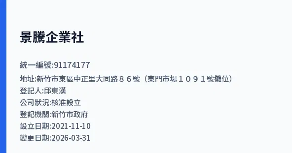 景騰企業社的照片-統編 91174177(新竹市) 公司登記資料與營業項目詳細圖表