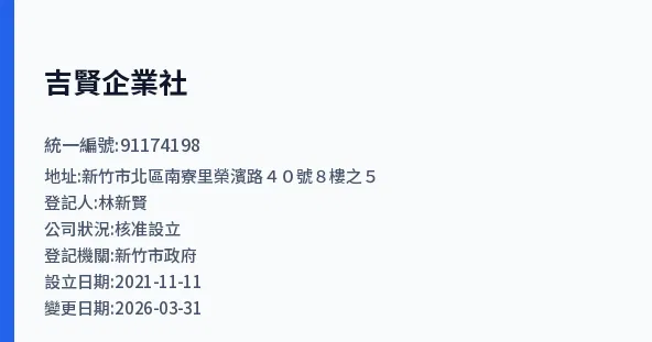 吉賢企業社的照片-統編 91174198(新竹市) 公司登記資料與營業項目詳細圖表