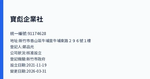 寶彪企業社的照片-統編 91174628(新竹市) 公司登記資料與營業項目詳細圖表