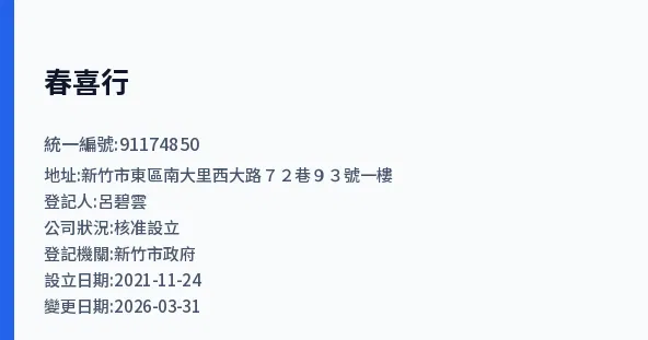 春喜行的照片-統編 91174850(新竹市) 公司登記資料與營業項目詳細圖表