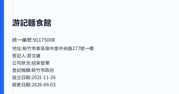 游記麵食館的照片-統編 91175008(新竹市) 公司登記資料與營業項目詳細圖表