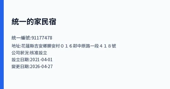 統一的家民宿的照片-統編 91177478(花蓮縣) 公司登記資料與營業項目詳細圖表