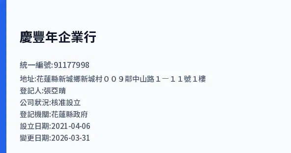 慶豐年企業行的照片-統編 91177998(花蓮縣) 公司登記資料與營業項目詳細圖表