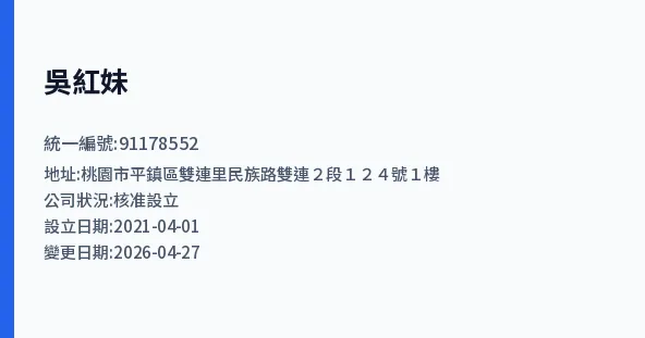吳紅妹的照片-統編 91178552(桃園市) 公司登記資料與營業項目詳細圖表