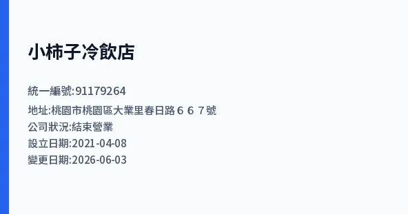 小柿子冷飲店的照片-統編 91179264(桃園市) 公司登記資料與營業項目詳細圖表