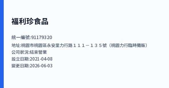 福利珍食品的照片-統編 91179320(桃園市) 公司登記資料與營業項目詳細圖表