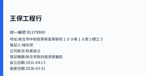 王保工程行的照片-統編 91179969(新北市) 公司登記資料與營業項目詳細圖表