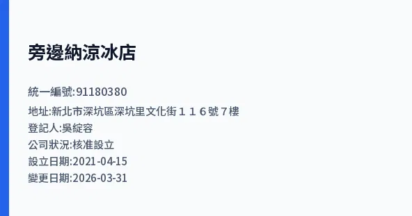 旁邊納涼冰店的照片-統編 91180380(新北市) 公司登記資料與營業項目詳細圖表