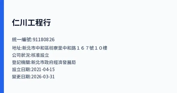 仁川工程行的照片-統編 91180826(新北市) 公司登記資料與營業項目詳細圖表