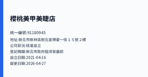 櫻桃美甲美睫店的照片-統編 91180945(新北市) 公司登記資料與營業項目詳細圖表