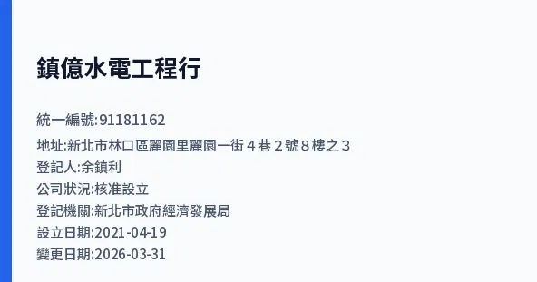 鎮億水電工程行的照片-統編 91181162(新北市) 公司登記資料與營業項目詳細圖表