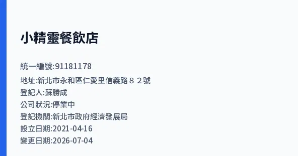 小精靈餐飲店的照片-統編 91181178(新北市) 公司登記資料與營業項目詳細圖表