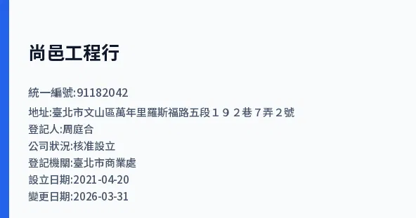尚邑工程行的照片-統編 91182042(臺北市) 公司登記資料與營業項目詳細圖表
