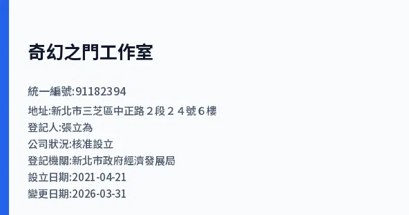 奇幻之門工作室的照片-統編 91182394(新北市) 公司登記資料與營業項目詳細圖表