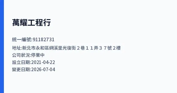 萬耀工程行的照片-統編 91182731(新北市) 公司登記資料與營業項目詳細圖表