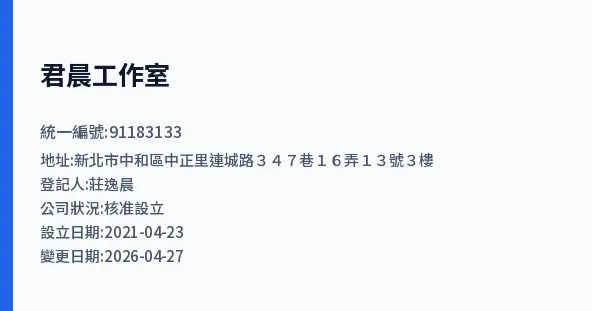 君晨工作室的照片-統編 91183133(新北市) 公司登記資料與營業項目詳細圖表