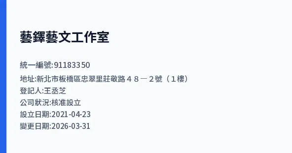 藝鐸藝文工作室的照片-統編 91183350(新北市) 公司登記資料與營業項目詳細圖表