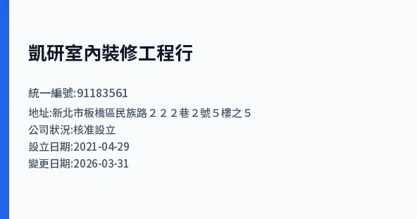 凱研室內裝修工程行的照片-統編 91183561(新北市) 公司登記資料與營業項目詳細圖表