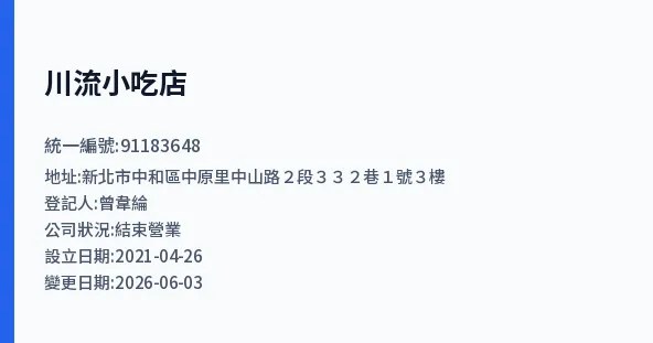 川流小吃店的照片-統編 91183648(新北市) 公司登記資料與營業項目詳細圖表