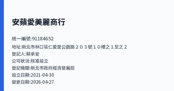 安蘋愛美麗商行的照片-統編 91184652(新北市) 公司登記資料與營業項目詳細圖表