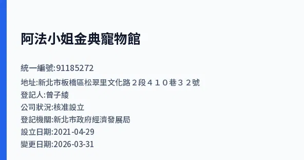 阿法小姐金典寵物館的照片-統編 91185272(新北市) 公司登記資料與營業項目詳細圖表