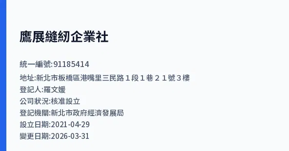 鷹展縫紉企業社的照片-統編 91185414(新北市) 公司登記資料與營業項目詳細圖表